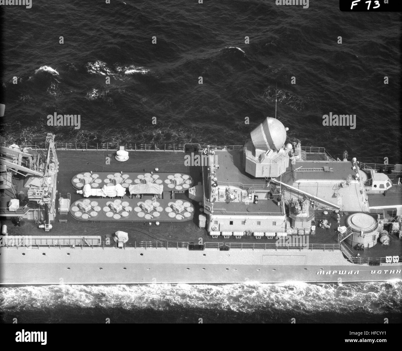 A partial aerial port side view of the Soviet Slava class guided ...