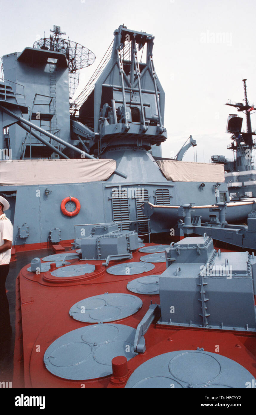 A view of the deck area housing the SA-N-6 vertical missile launchers ...