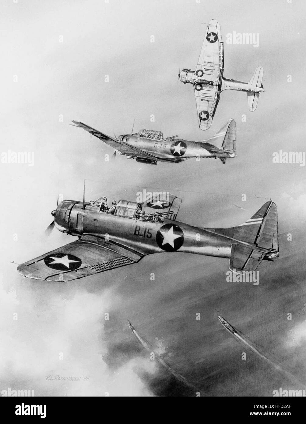A painting depicts SBD Dauntless dive bombers from the U.S. Navy Midway ...