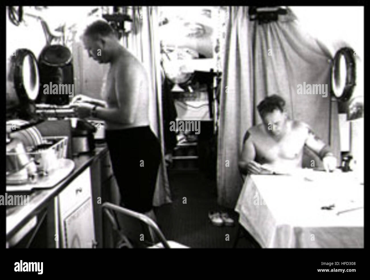 Interior view of the experimental underwater habitat Sealab 1 ...