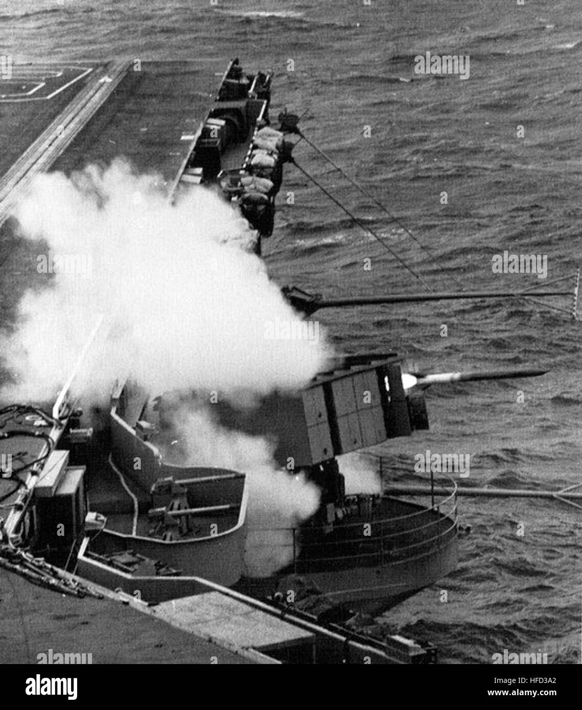 A Sea Sparrow missile is launched from the aircraft carrier USS ...