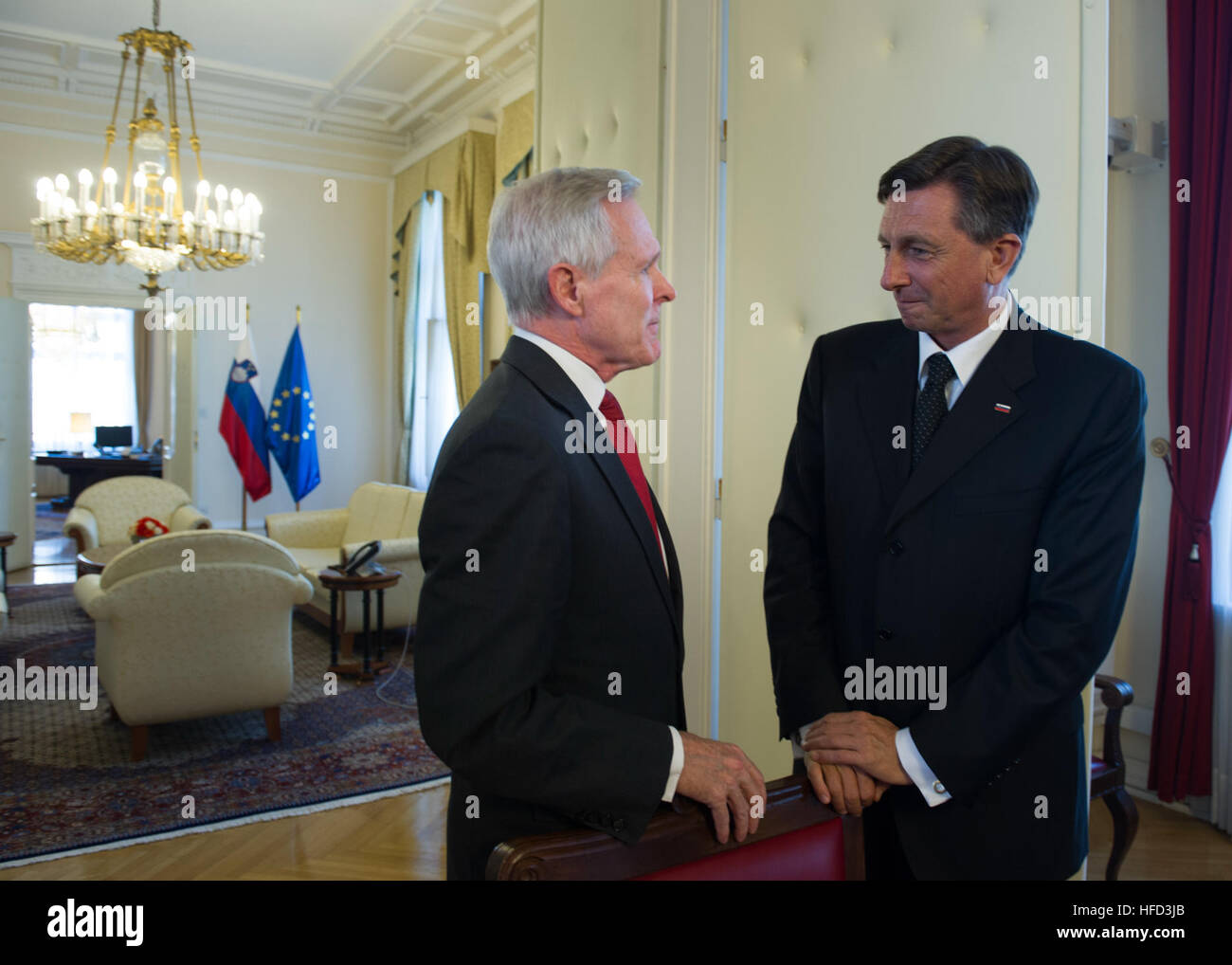 Secretary of the Navy Ray Mabus speaks with President of the Republic ...