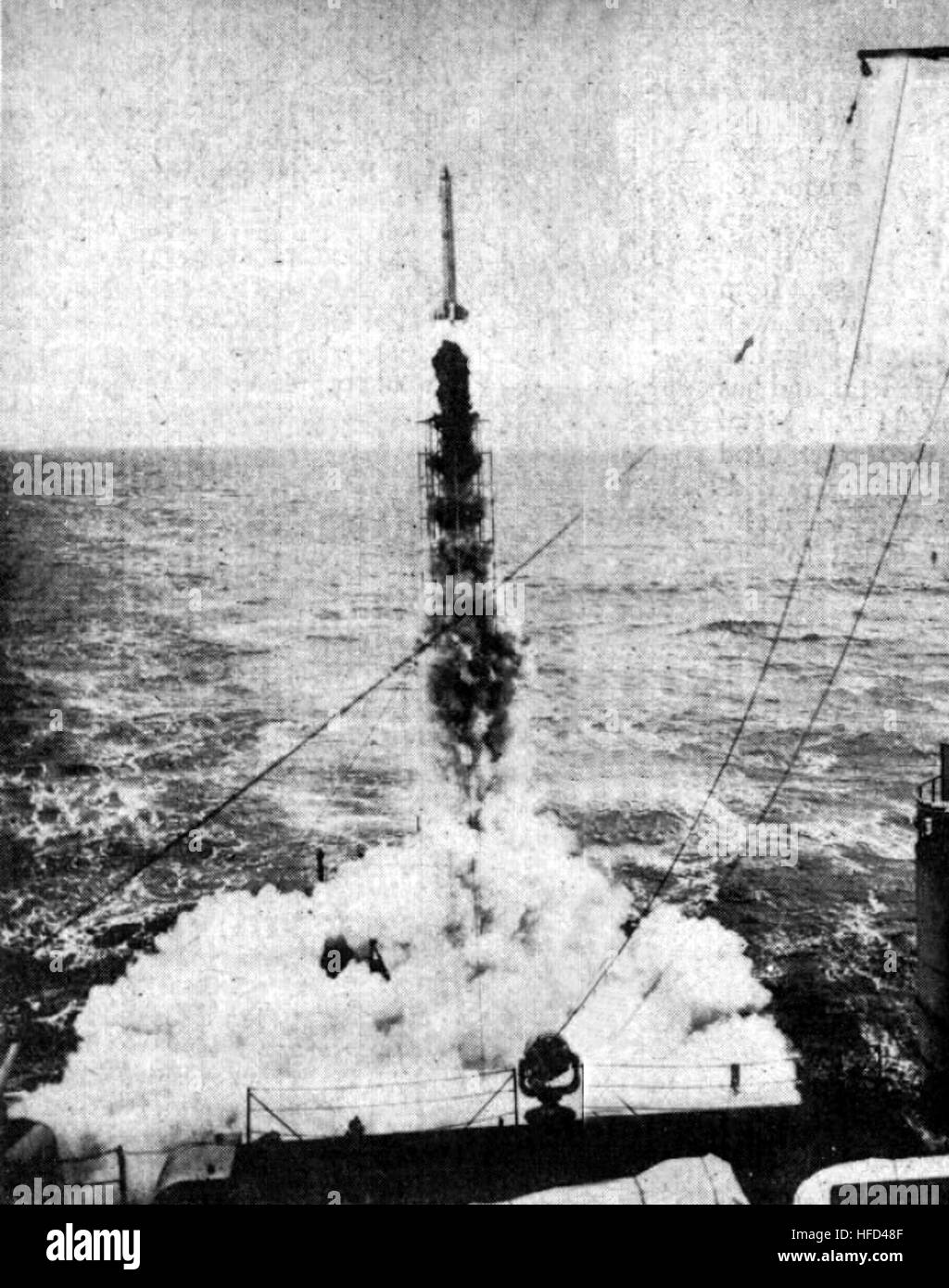 Aerobee rocket launch from USS Norton Sound (AV-11) c1949 Stock Photo ...