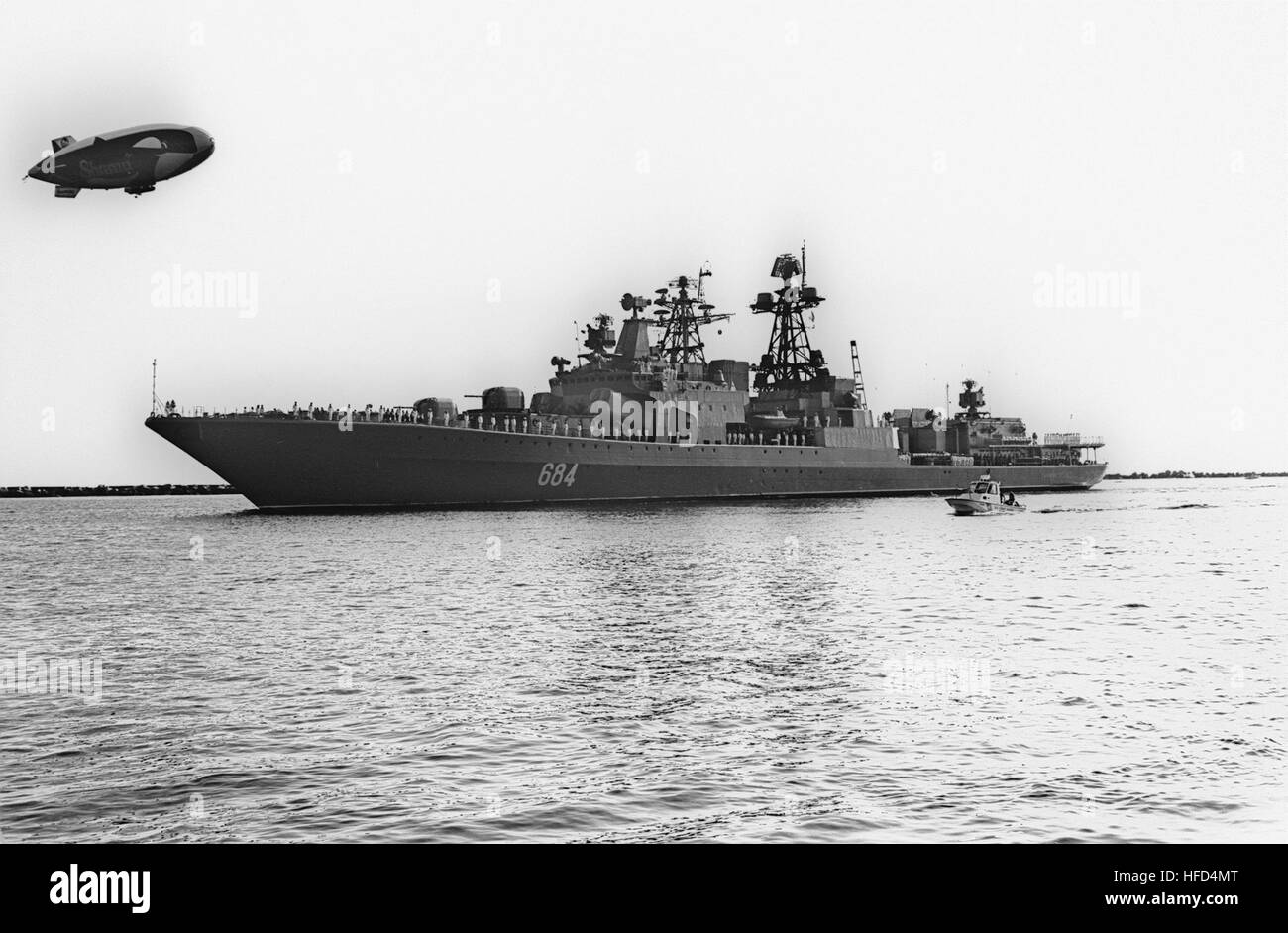 The Sea World airship flies overhead in welcome as the Soviet Udaloy ...