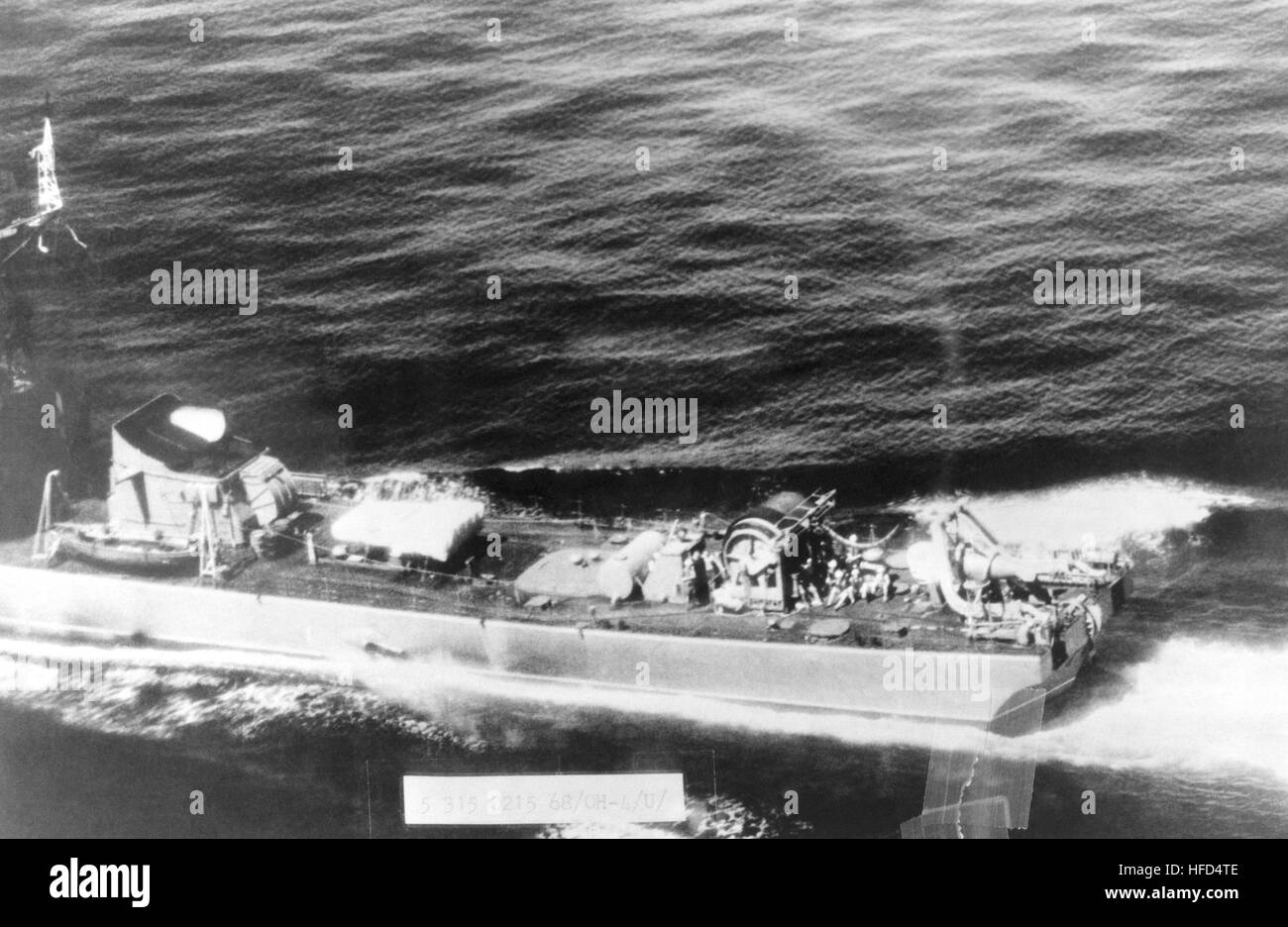 A view of an experimental variable-depth sonar installed on a Soviet ...