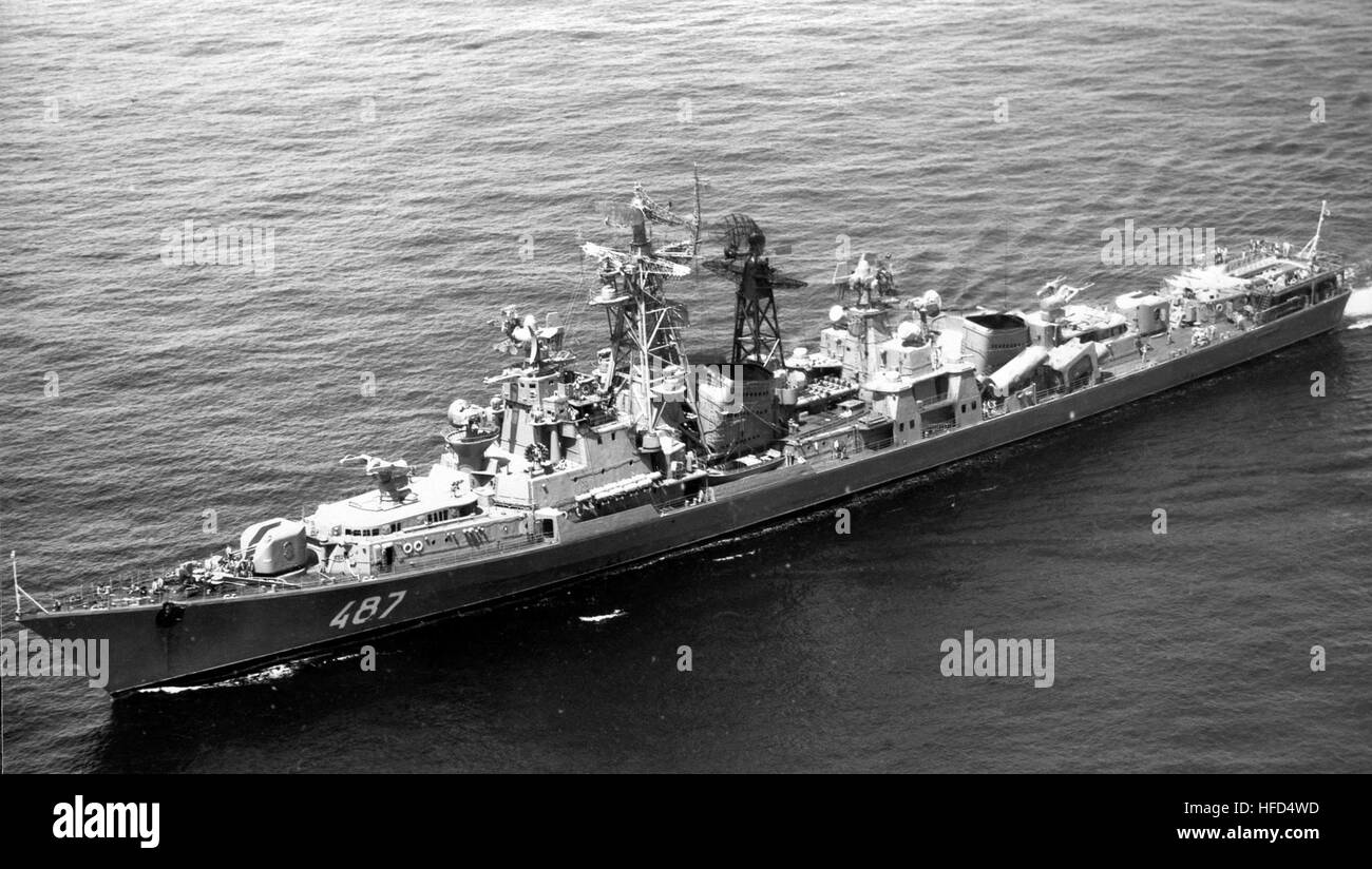 An elevated port bow view of a Soviet Modified Kashin class guided ...