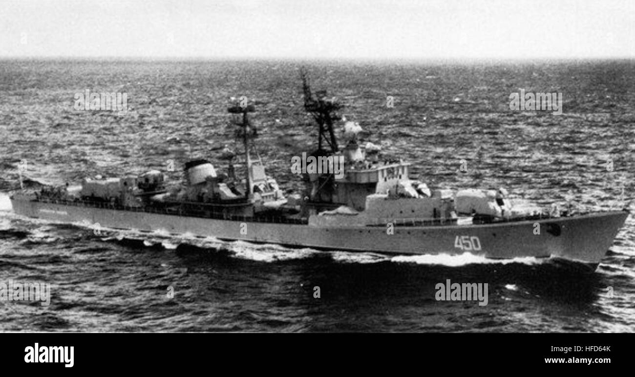 Soviet destroyer Vyderzhannyy underway, demonstrating naval surface ...