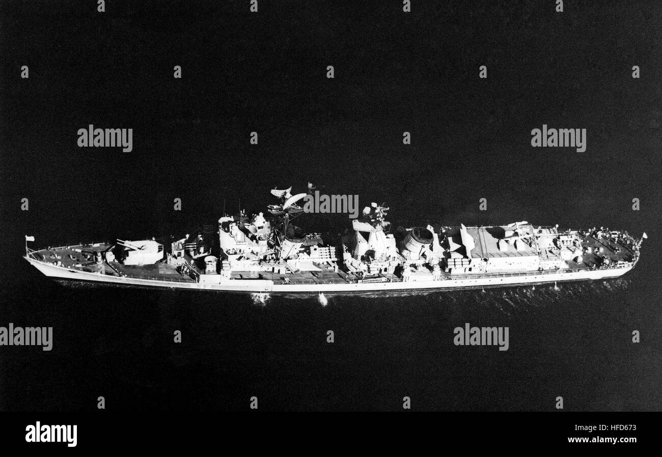 An elevated port beam view of a Soviet Sam Kotlin class guided missile ...