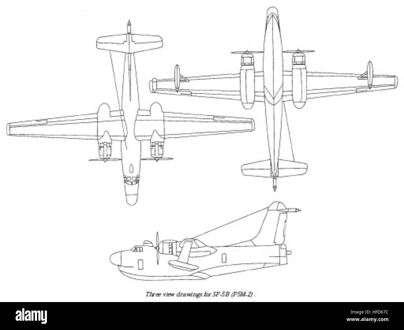 Three-view drawing of the SP-5B aircraft illustrating top, side, and ...