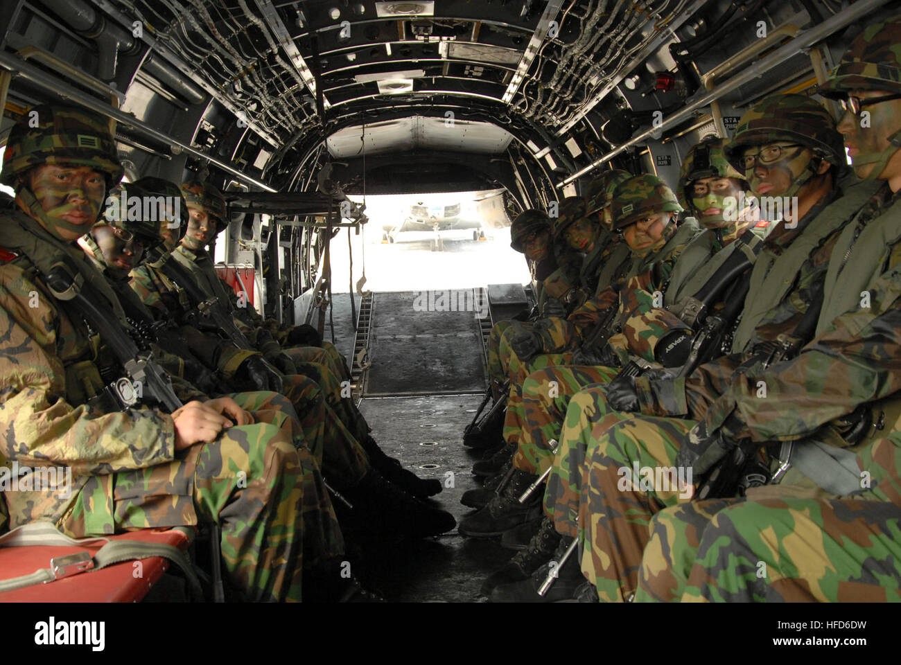 Republic of Korea Marines aboard a U.S. Marine Corps CH-46E helicopter ...