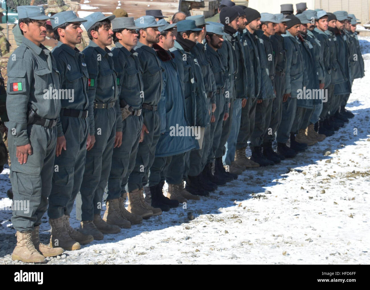 Sayed Abad district Afghan Local Police stand in formation to greet ...