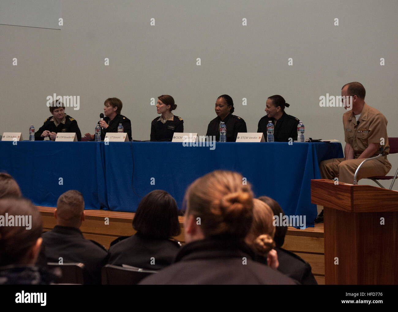 Lt. Cmdr. Jennifer Bowden, assigned to Destroyer Squadron Nine, speaks ...