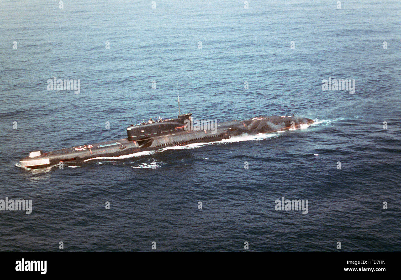 A port bow view of a Soviet Juliett class guided missile submarine ...