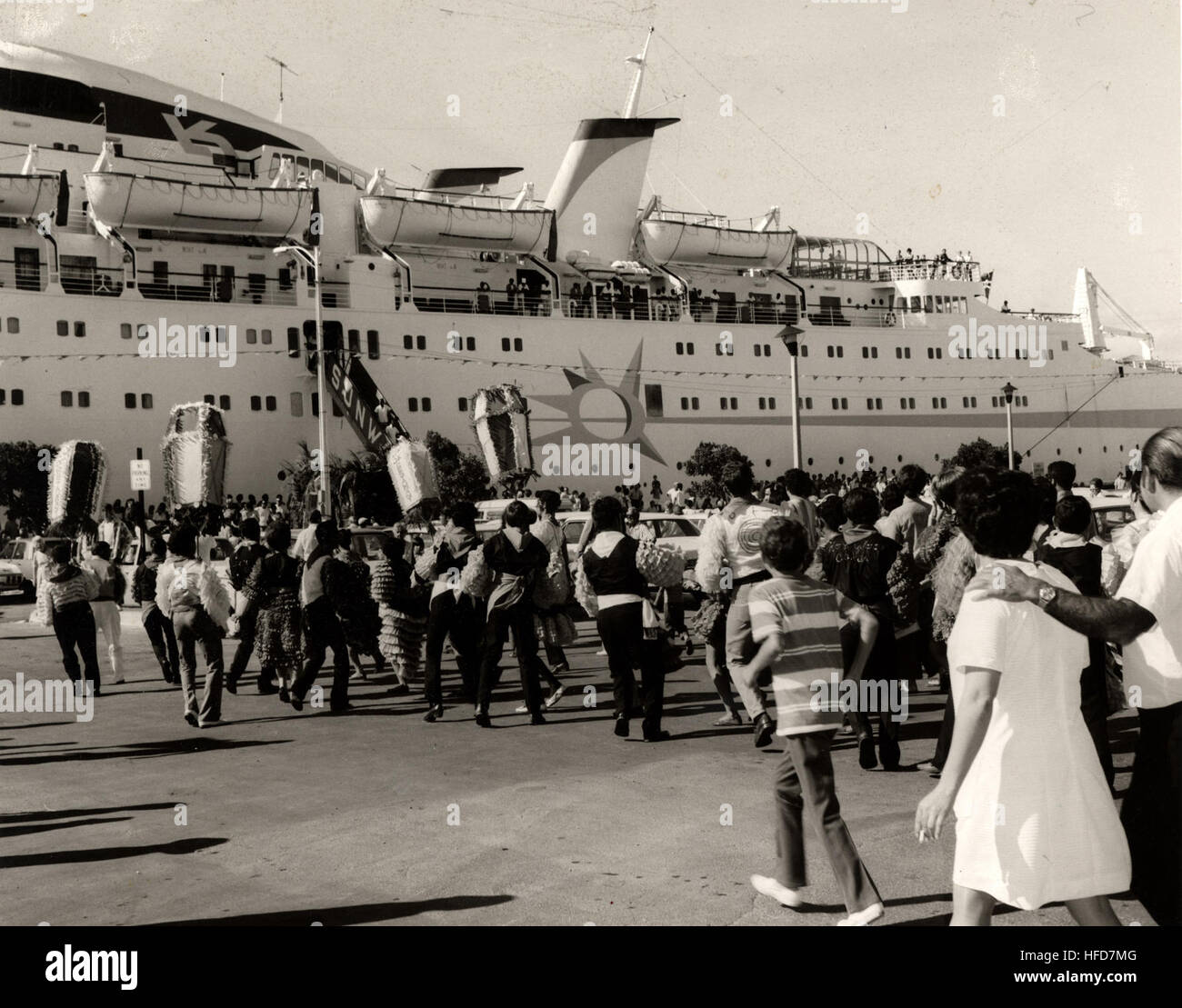 Welcome for the cruise ship Sunward in September 1970. U.S. Navy photo ...