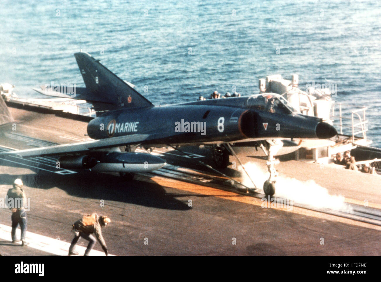 A right front view of a Super Entendard aircraft being launched from ...