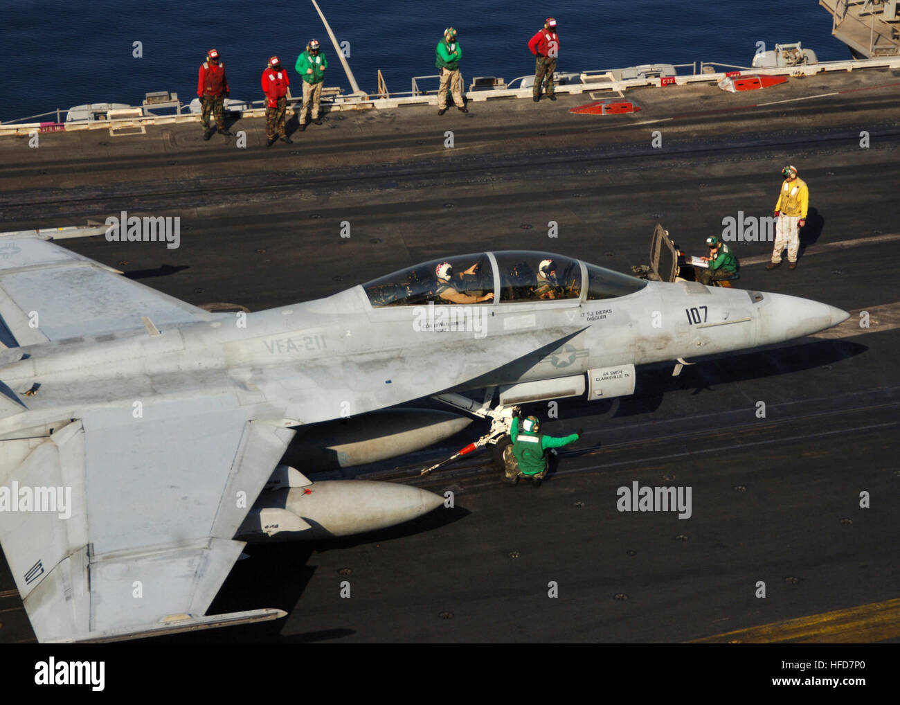 Flight deck personnel perform a pre-launch check on a F/A-18F Super ... Flight deck personnel perform a pre-launch check on a F/A-18F Super ...