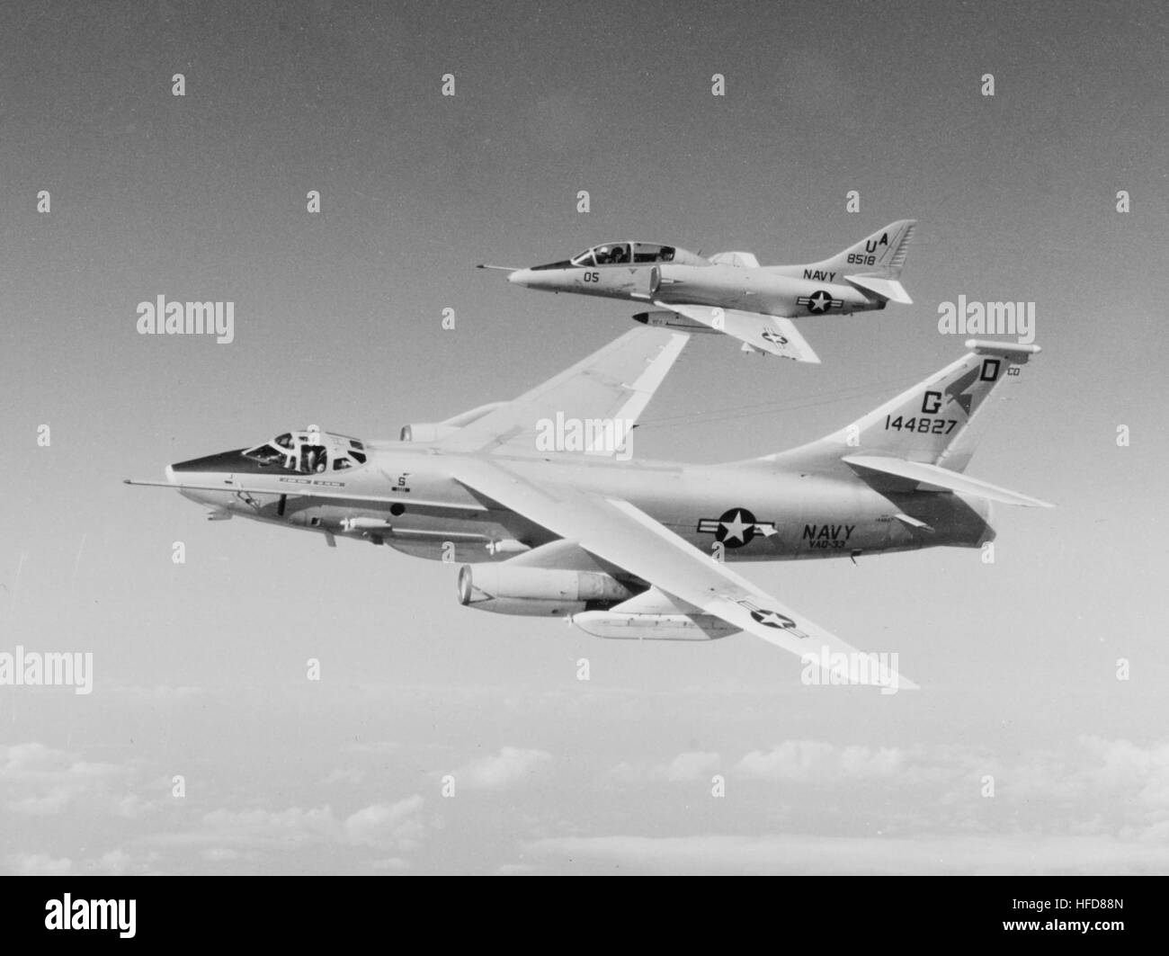 TA-4J Skyhawk of VC-1 in flight with ERA-3B Skywarrior of VAQ-33 in ...