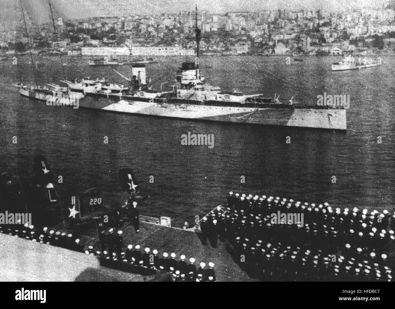 The Turkish battlecruiser Yavuz is photographed in 1947, illustrating ...
