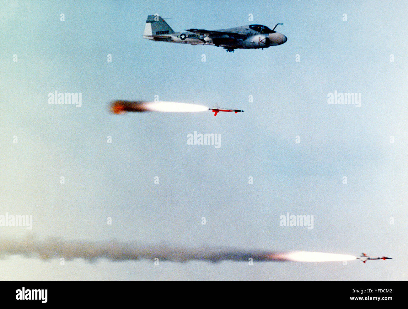 An air-to-air right side view of an A-6 Intruder aircraft as its crew ...