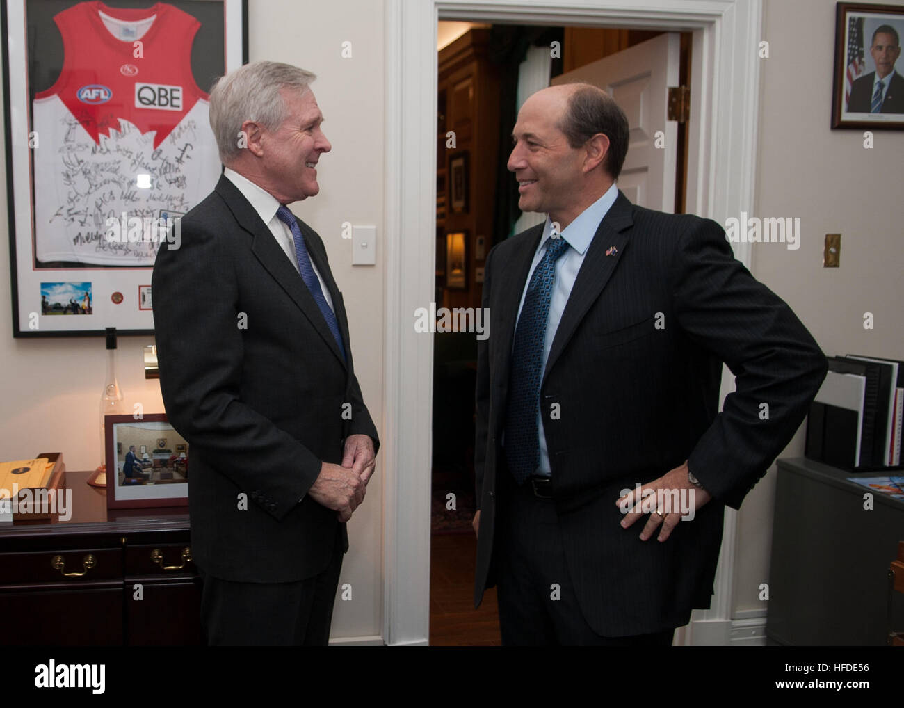 U.S. Secretary of the Navy Ray Mabus, left, meets with U.S. Ambassador ...