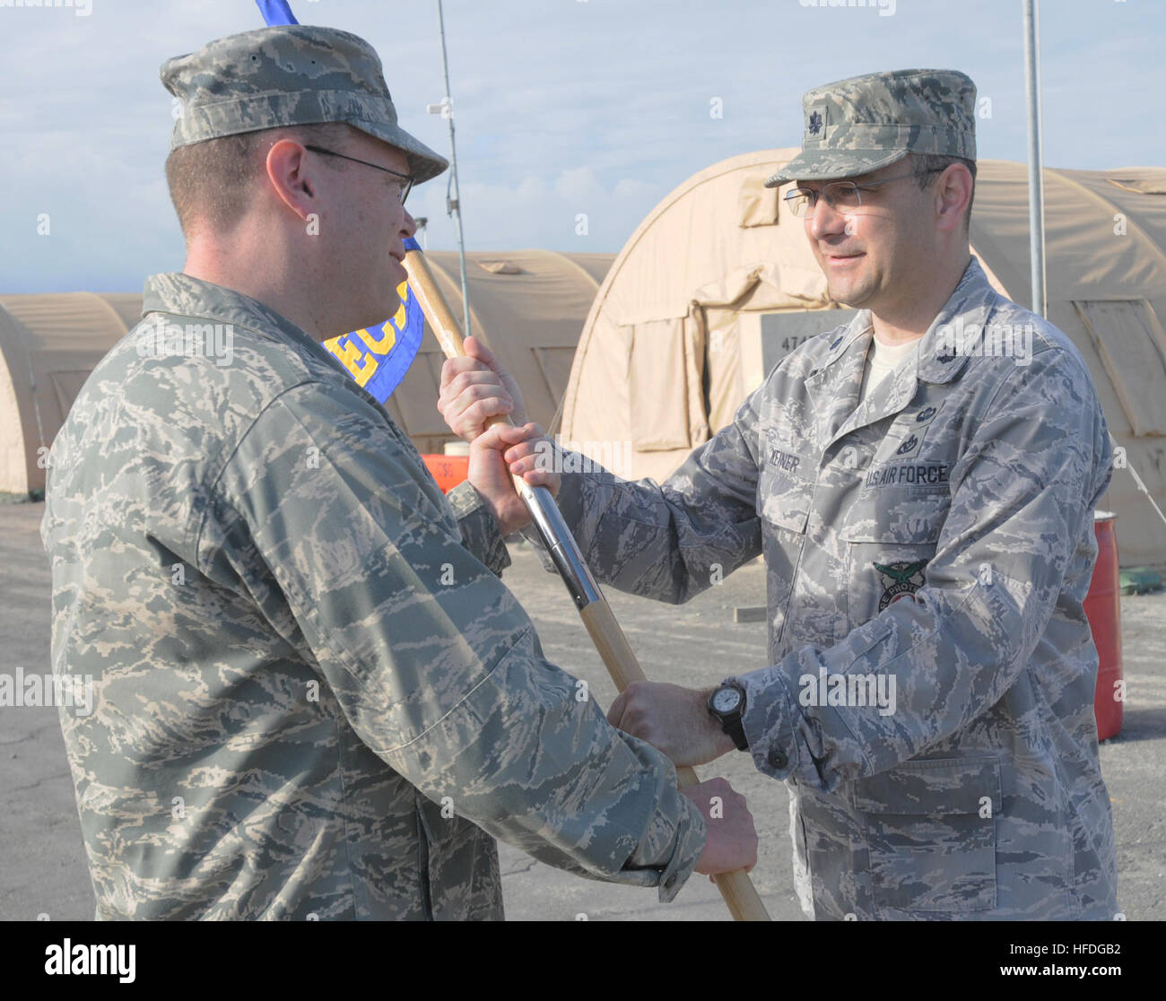 Lt. Col. Martin Keiner (right) receives the guidon for the 474th ...