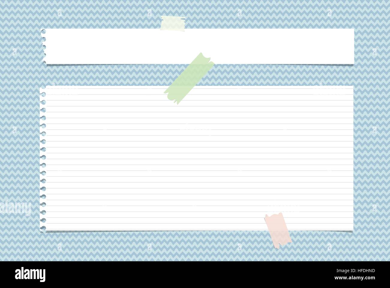 White horizontal torn note, notebook, copybook paper stripes stuck with ...