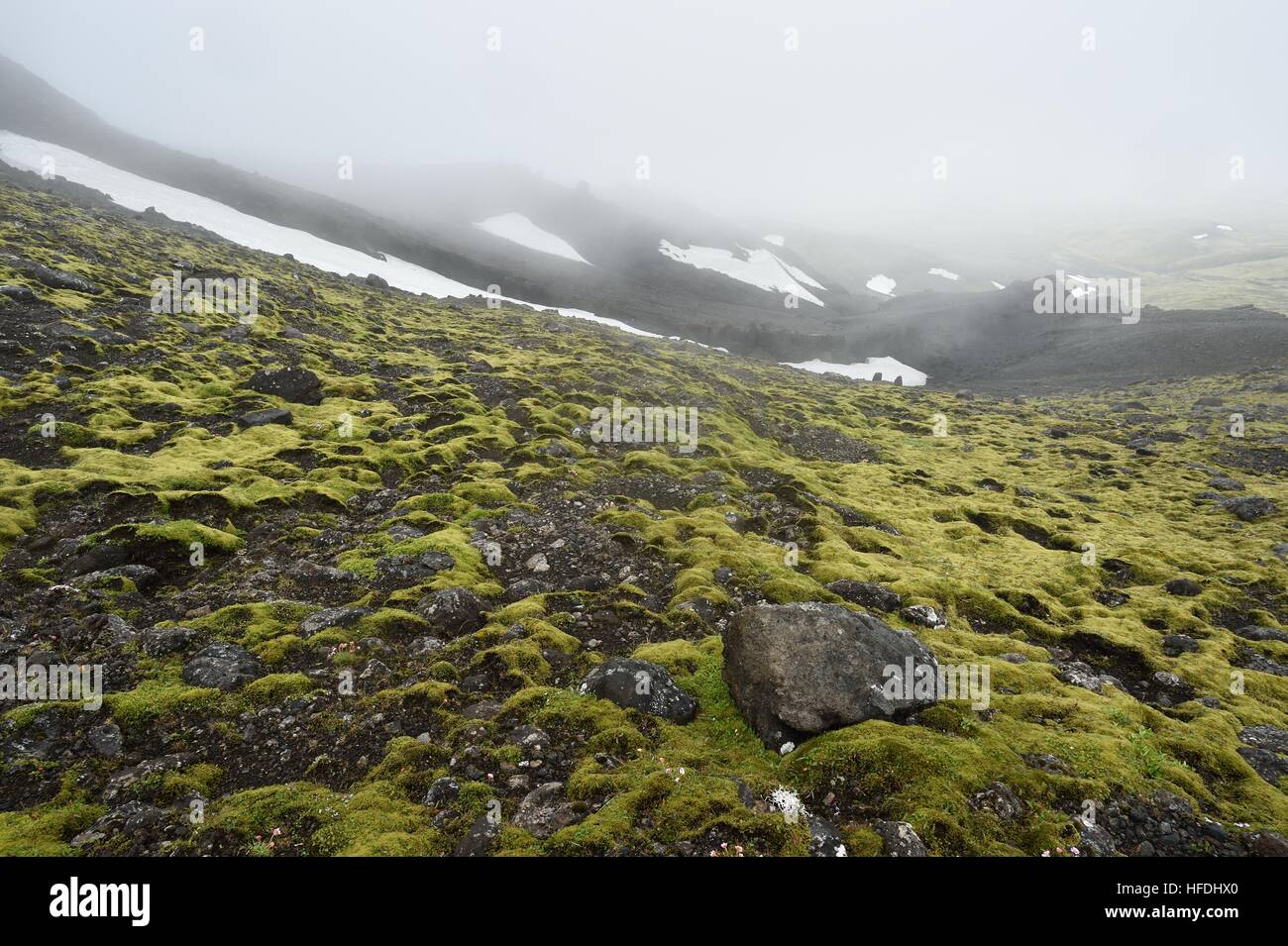 Icelandic volcano landscape in the mist Stock Photo - Alamy