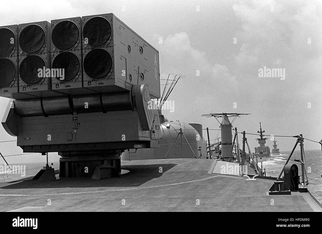 A starboard view of the eight-tube Mark 16 ASROC launcher aboard the ...