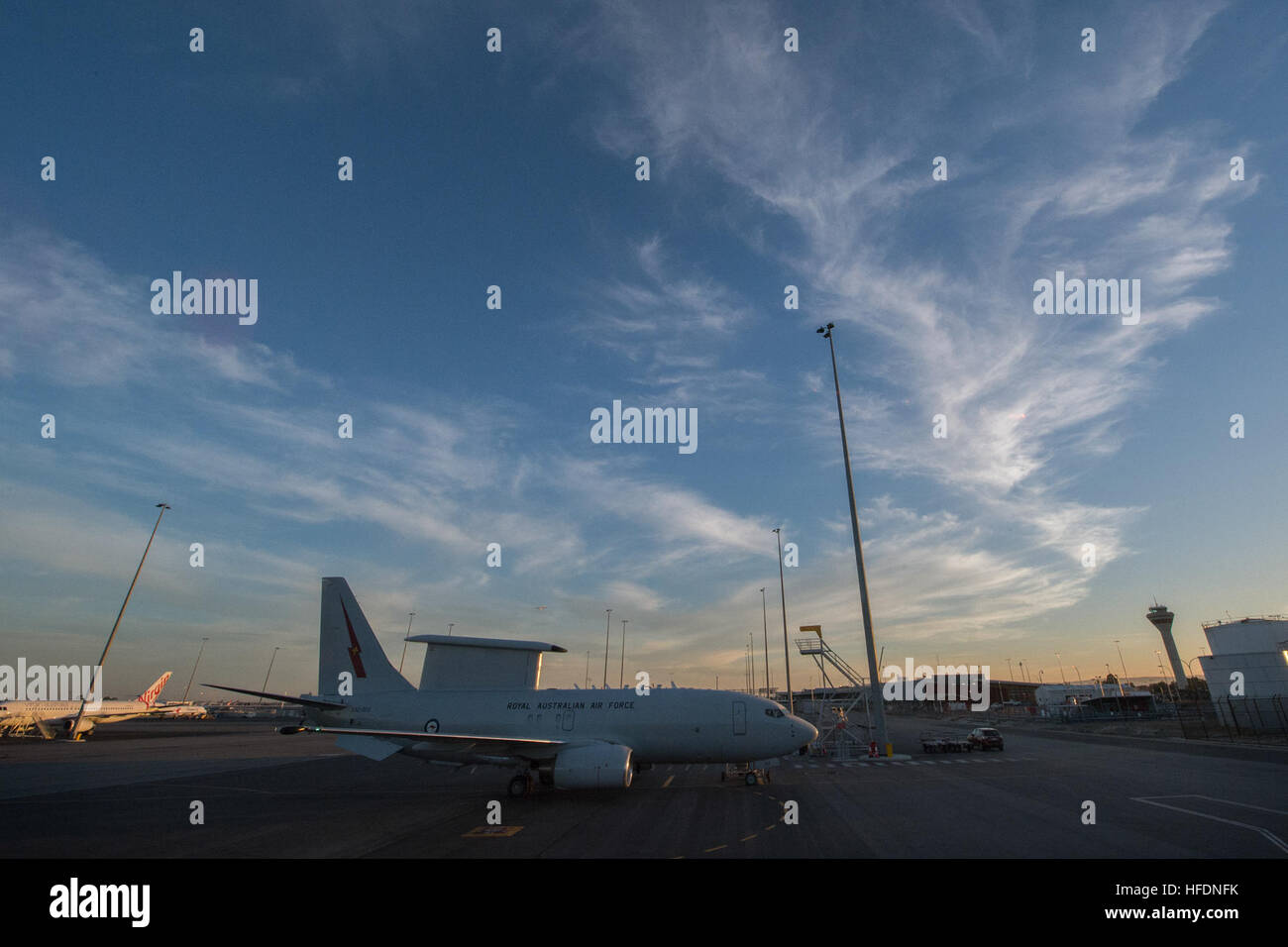 A Royal Australian Air Force E-7A Wedgetail aircraft sits on the flight ...