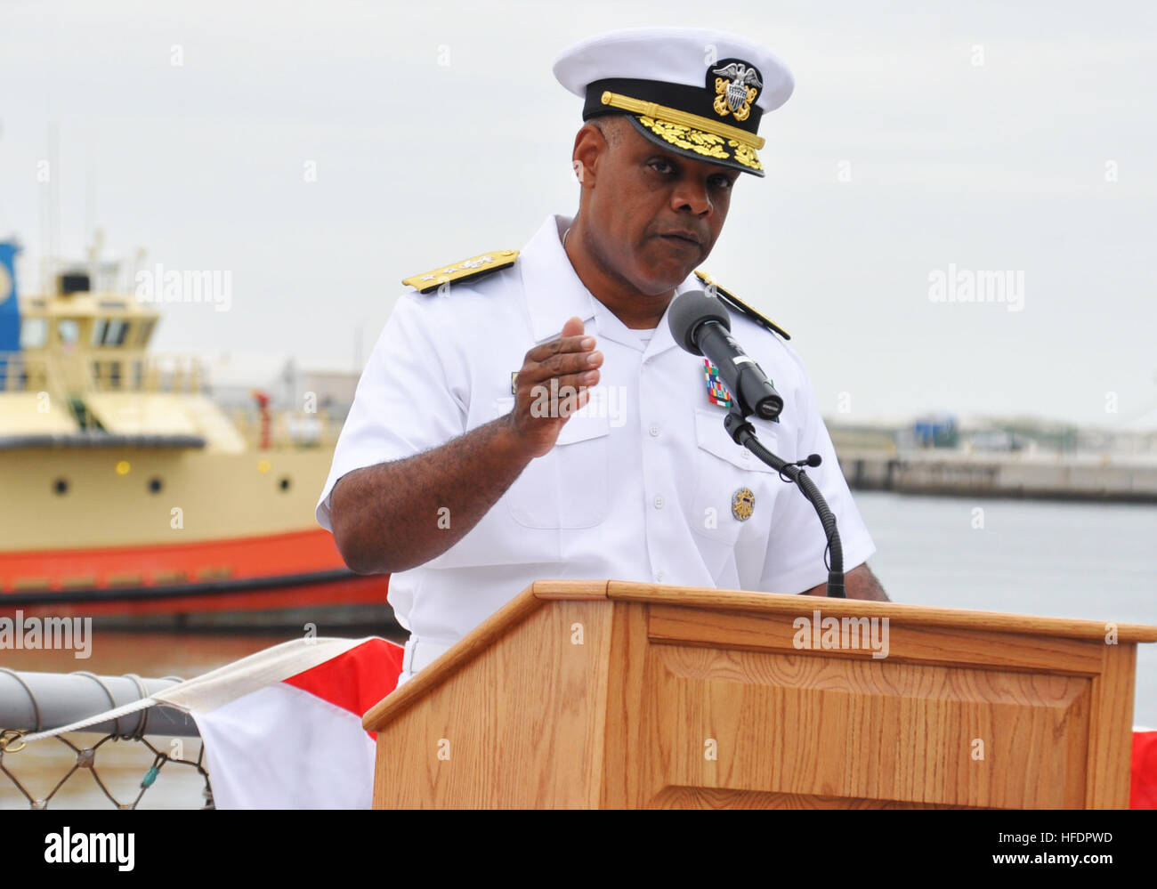 Rear Adm. Sinclair M. Harris, commander, U.S. 4th Fleet, speaks about ...