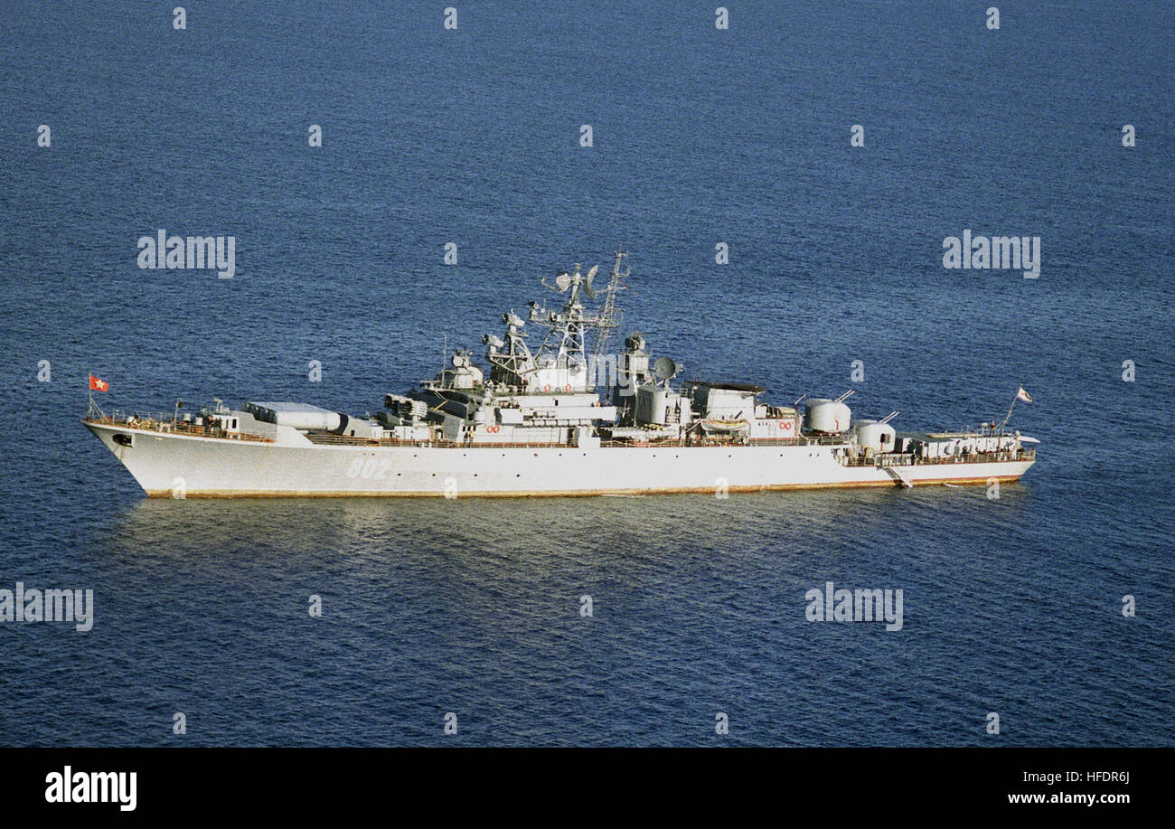 A port beam view of a Soviet Krivak I class guided missile frigate ...