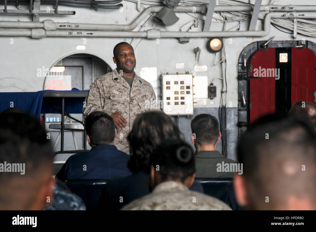 U.S. Marine Corps Sgt. Maj. John W. Scott delivers remarks during a ...