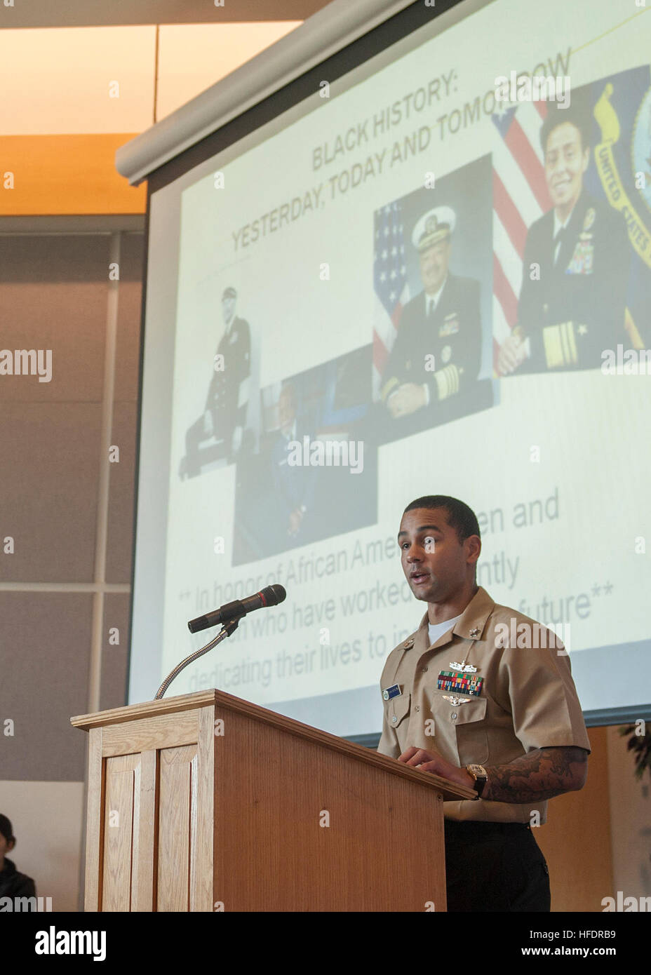 U.S. Navy Fire Controlman 1st Class Demetrius Allen speaks to Sailors ...