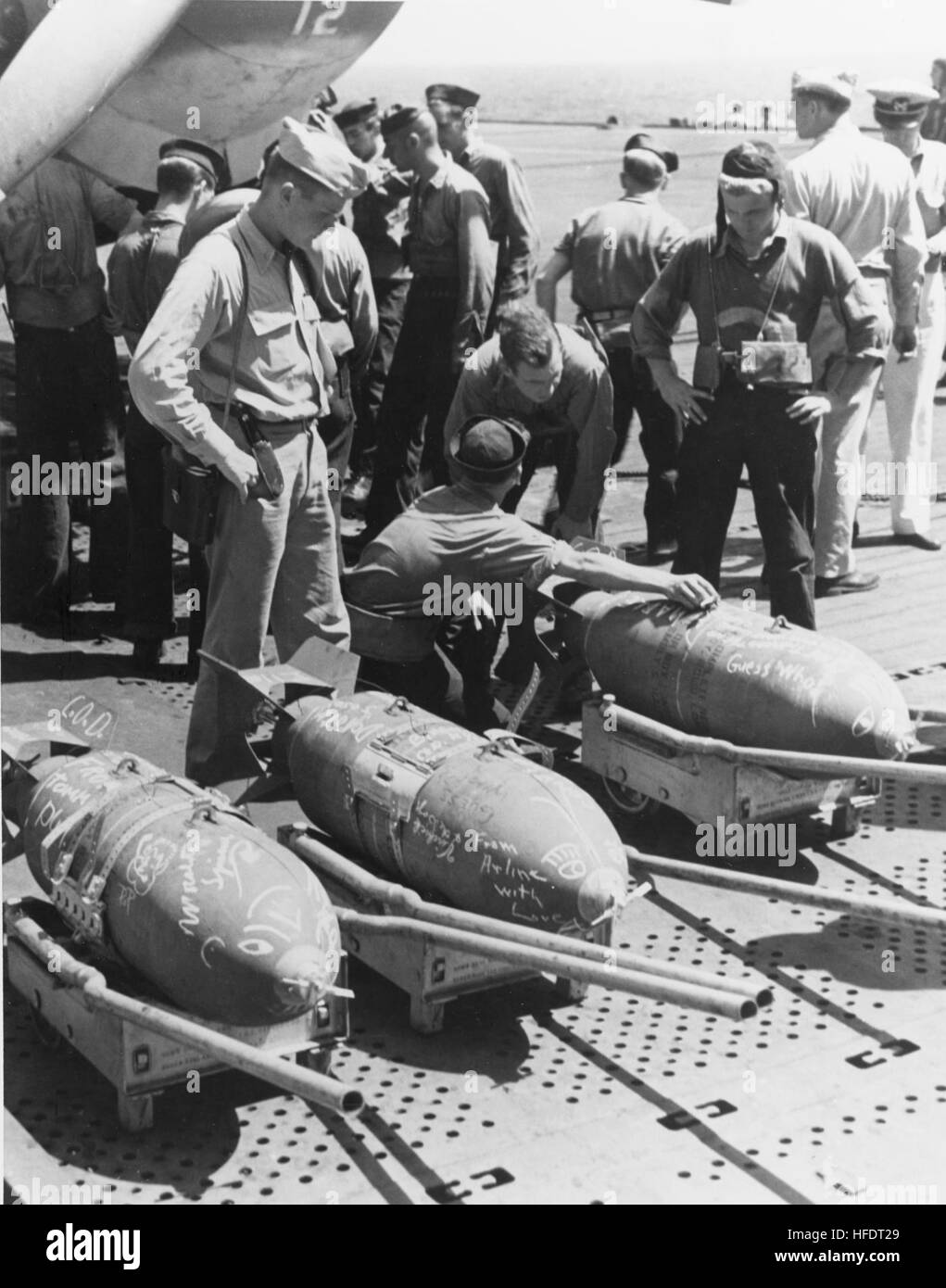 Bombs on USS Cowpens (CVL-25) before Wake Island raid in October 1943 ...