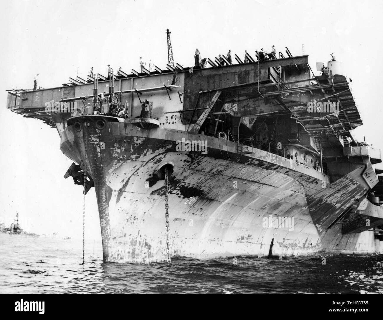 Bow of USS Bennington (CV-20) being repaired after typhoon in June 1945 ...