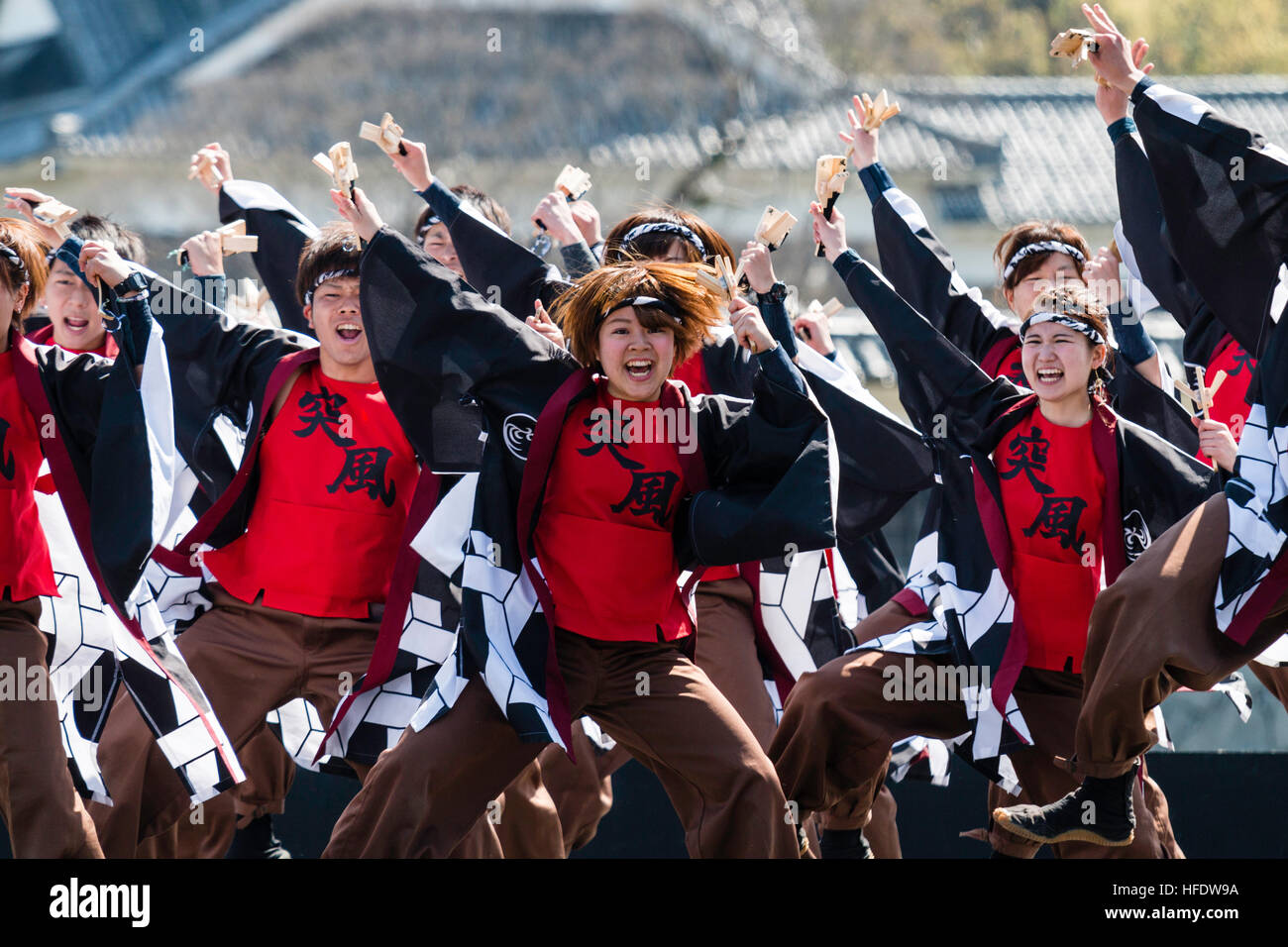 Japanese Yosakoi Festival. Dancers, young men and women on stage in ...