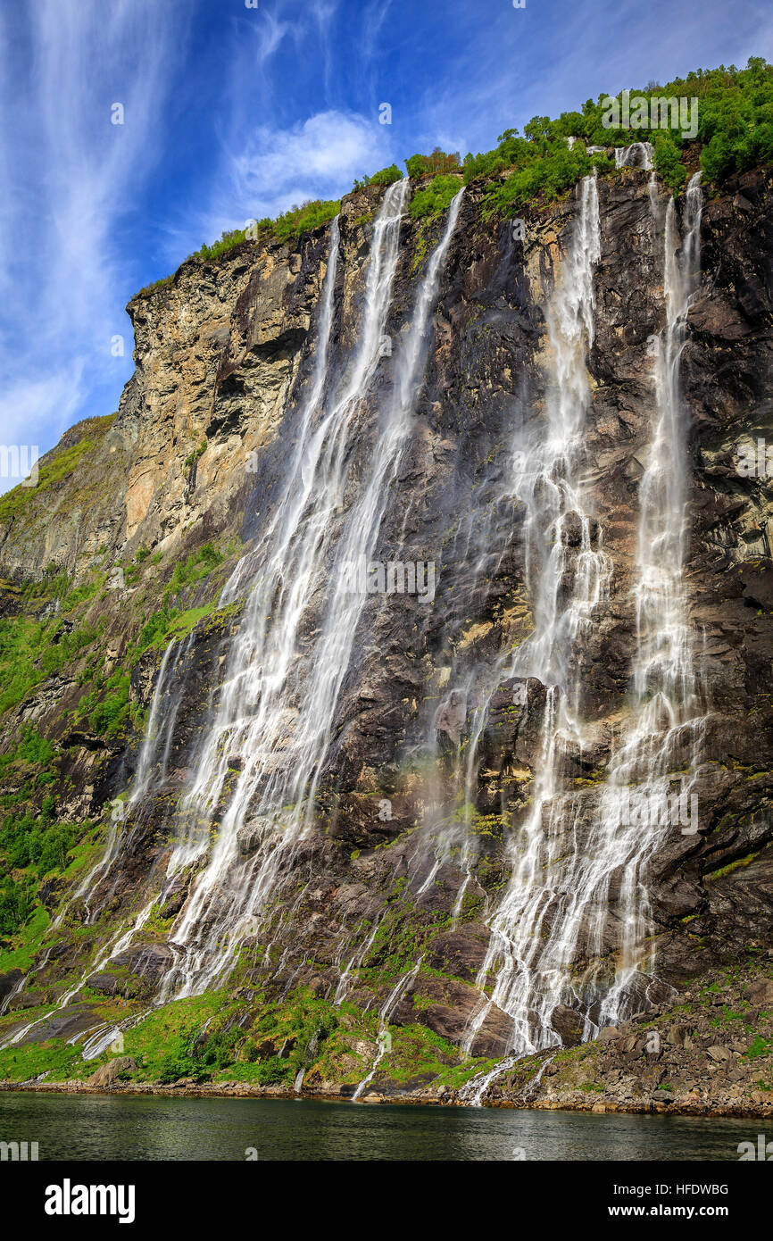Reflections and waterfall along the Geirangerfjorden, Norway Stock ...