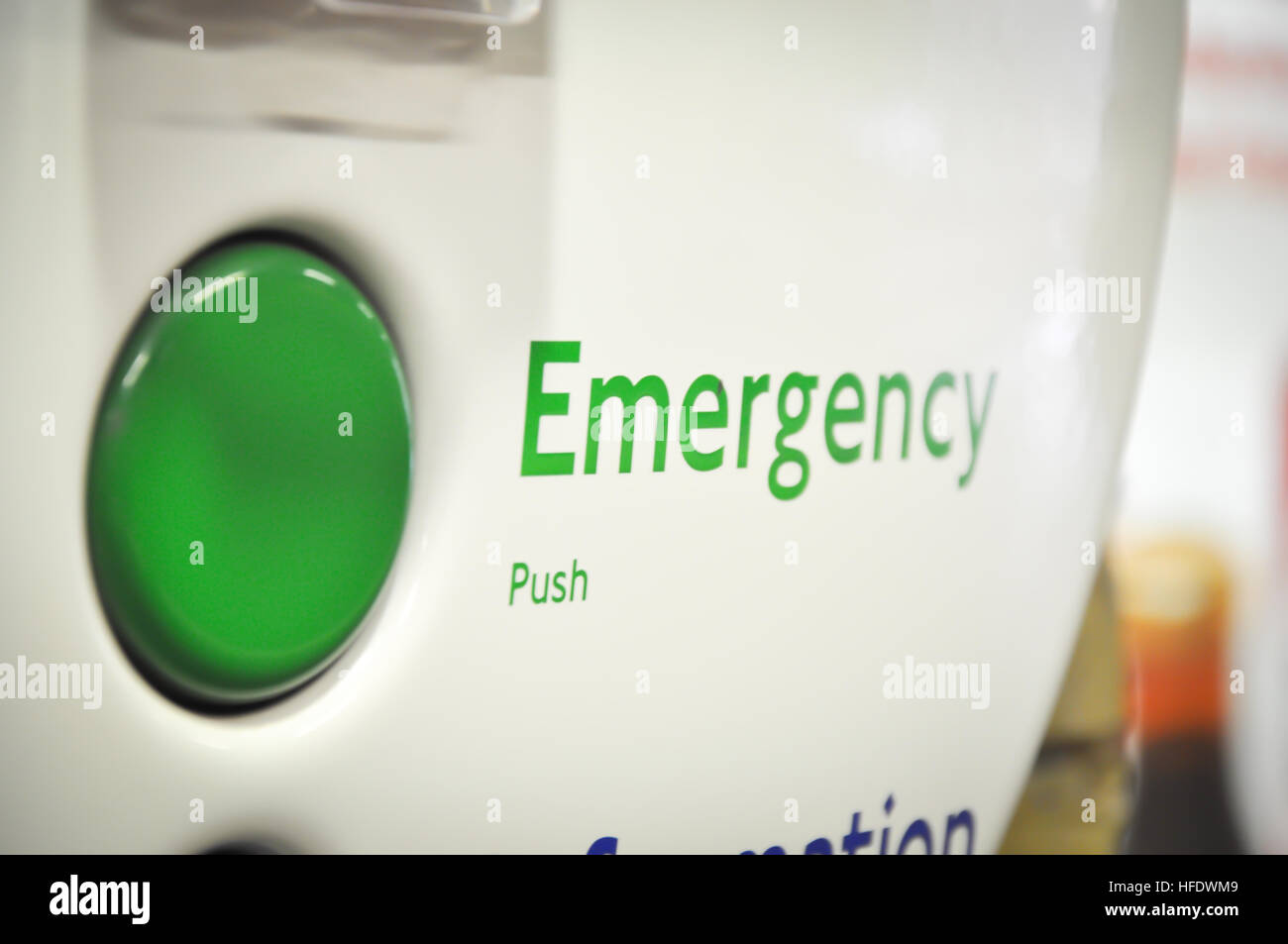 In case of emergency push the green button Stock Photo - Alamy