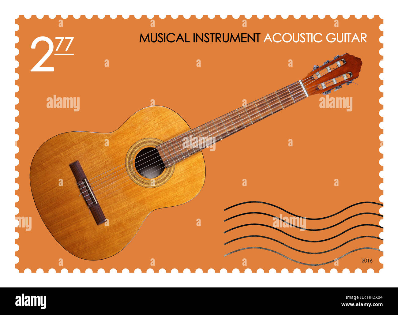 A fake post stamp shows image of retro acoustic guitar, Fake series ...