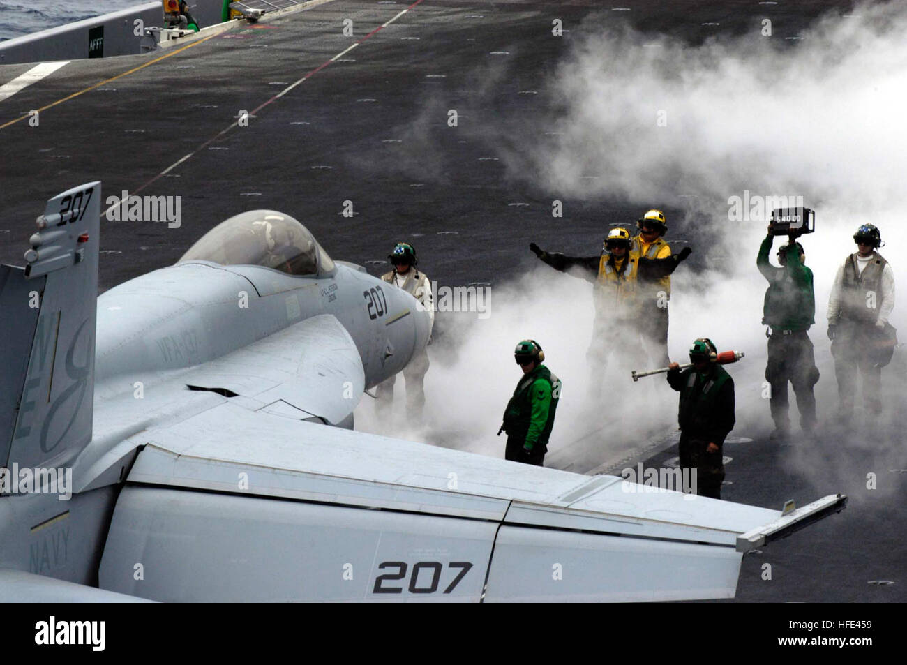 An F/A-18E Super Hornet from Strike Fighter Squadron 137 is positioned ...