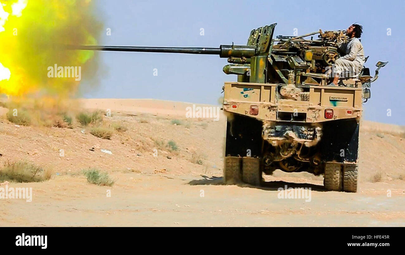 Still image taken from an ISIS propaganda video showing a technical vehicle outfitted with ...