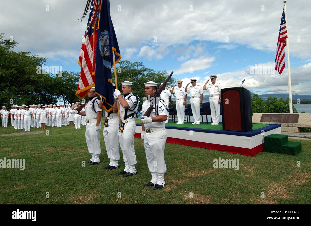 Naval Station Pearl Harbor color guard parades the colors at the USS ...