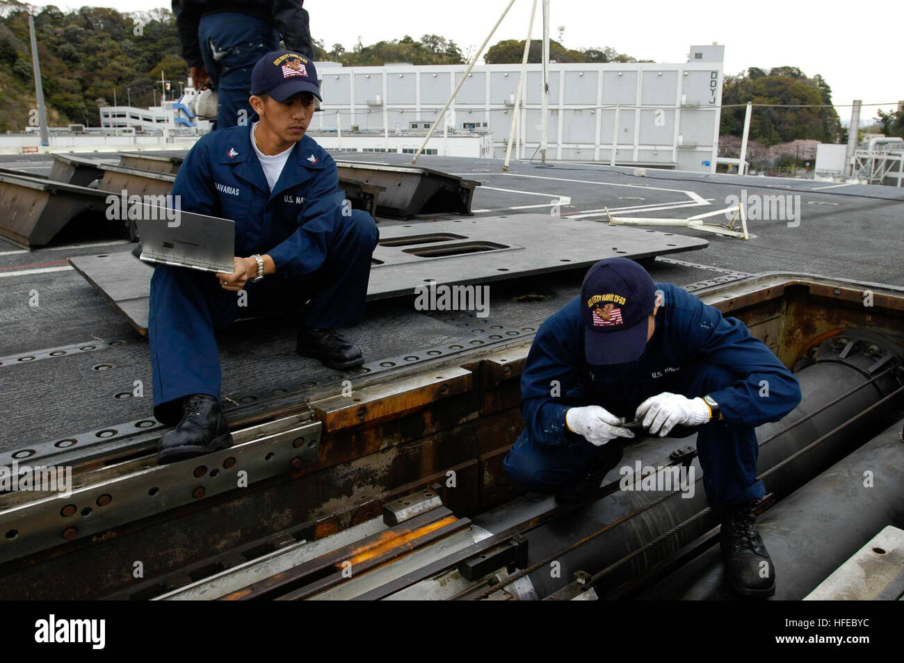Air Department personnel aboard USS Kitty Hawk calibrate water brakes ...