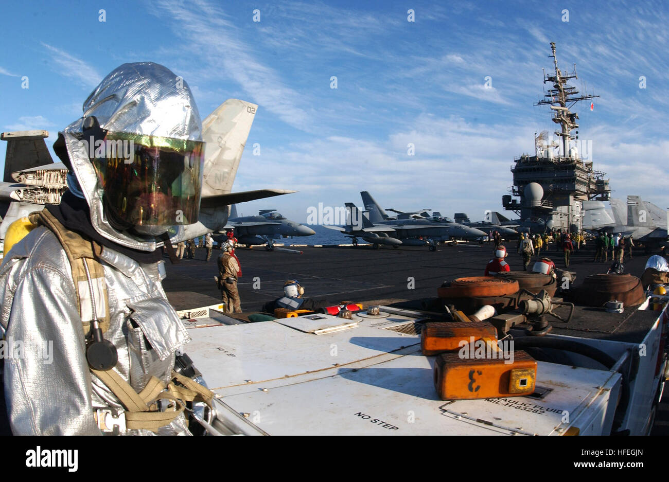 An Aviation Boatswain's Mate on USS Kitty Hawk (CV 63) flight deck ...