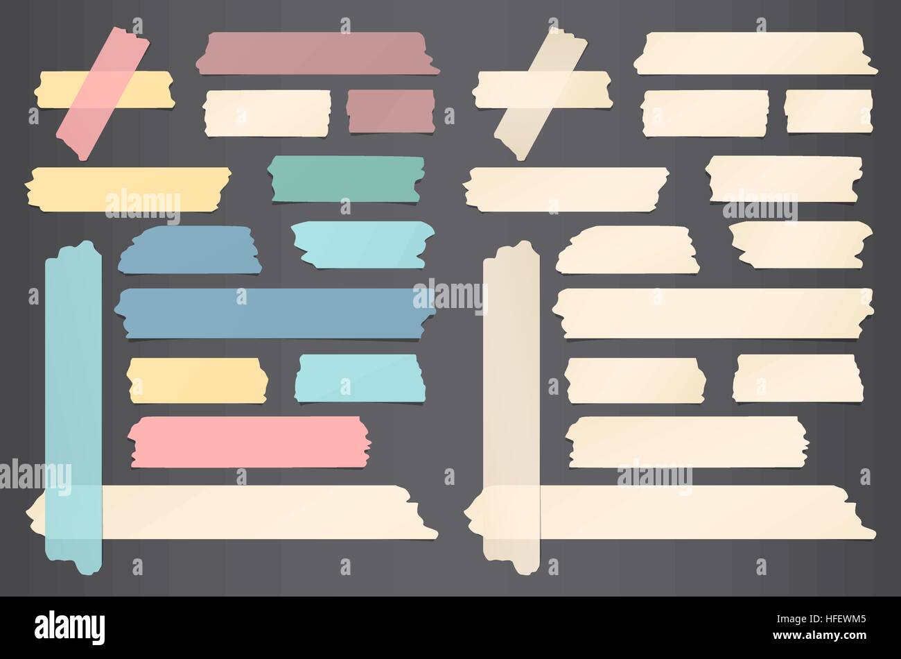 Colorful different size paper sticky, masking tape are on black ...