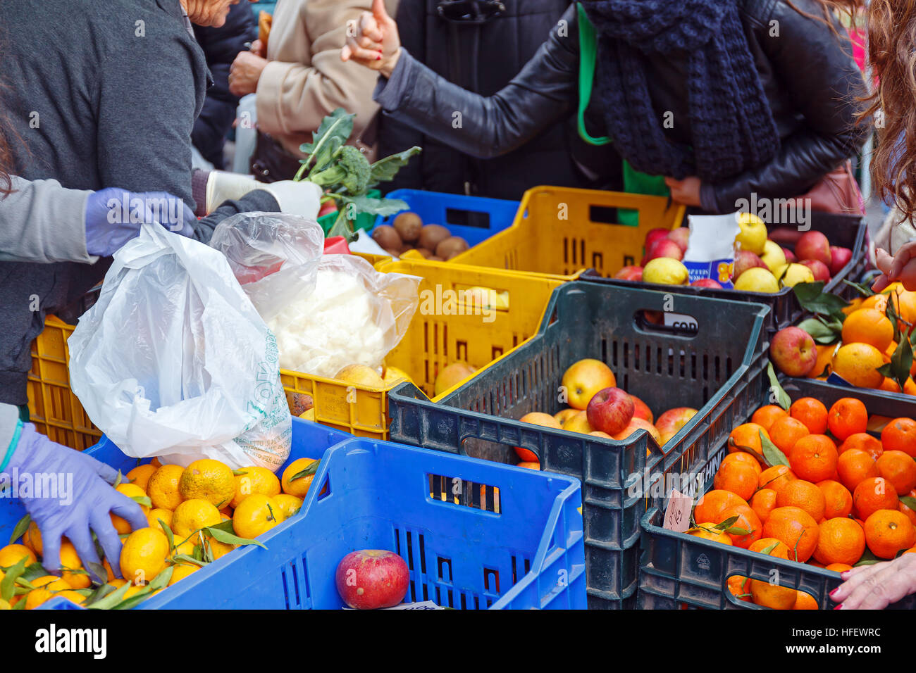 Naples, Italy - January 11, 2016: fruit counter market, boxes full of ...