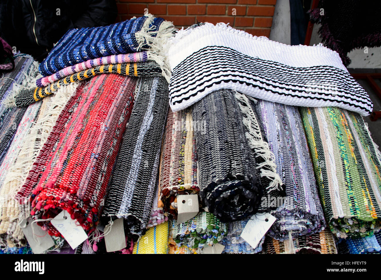 Of domestic hand-woven patchwork on a table Stock Photo - Alamy