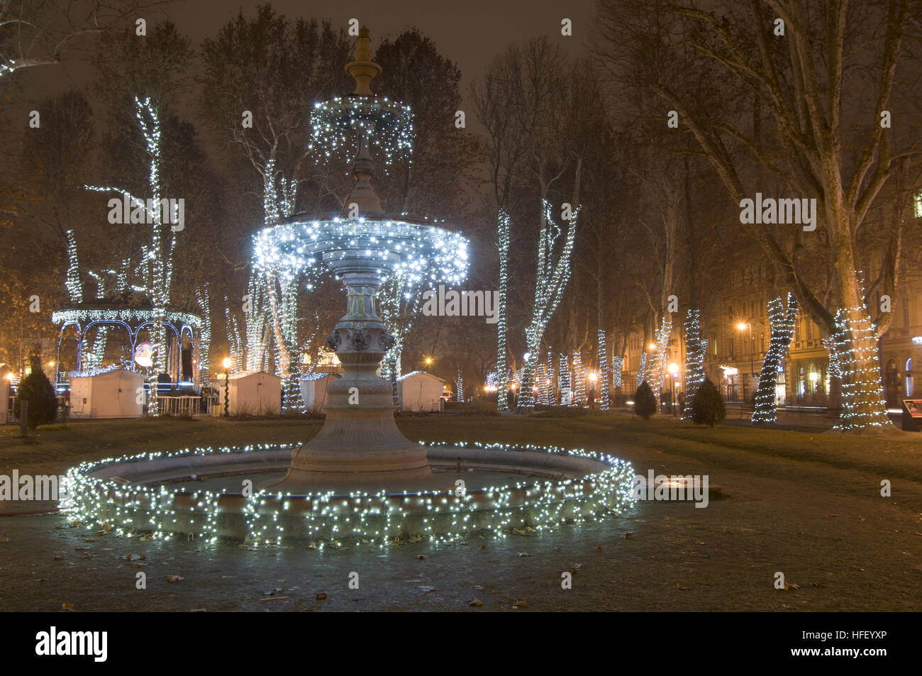 The illuminated fountain Zrinjevac park in Zagreb, Croatia Stock Photo ...