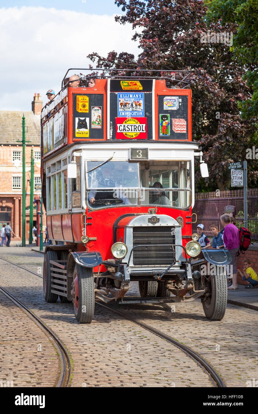 BEAMISH, UK - JULY 27, 2012: An old bus at a bus stop in the high ...