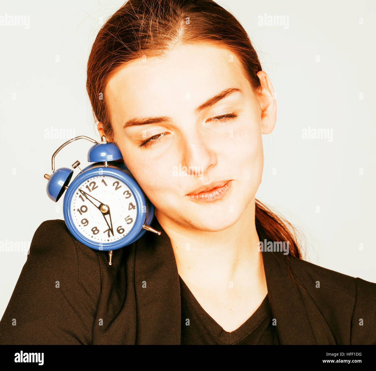 young beauty woman in business style costume waking up for work Stock ...
